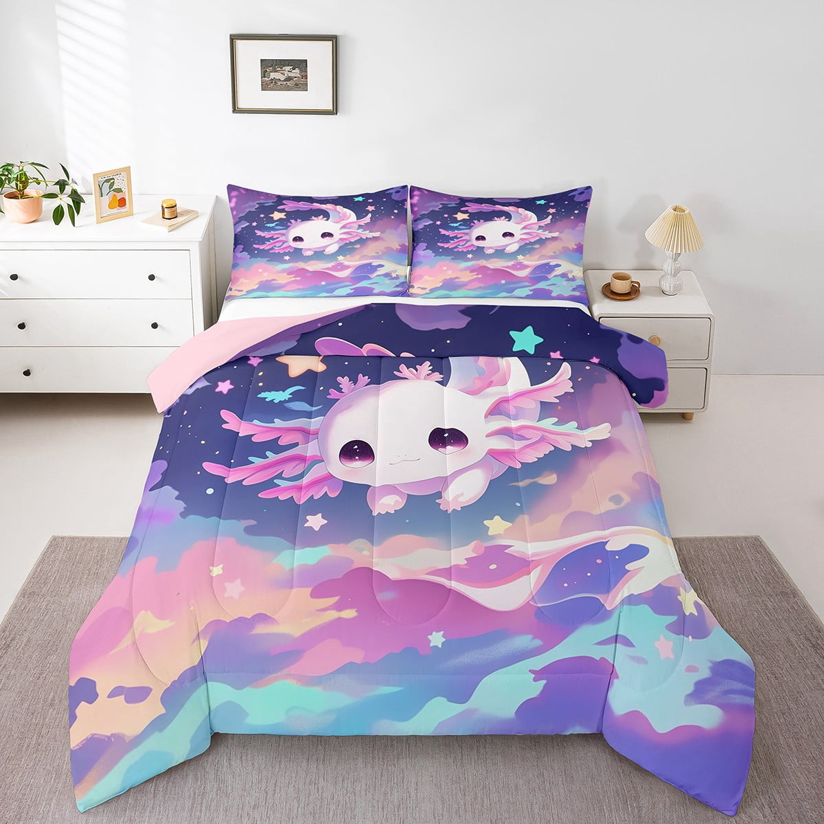 Pink Kawaii Axolotl Down Comforter Cute Axolotl Bedding Set Cartoon ...