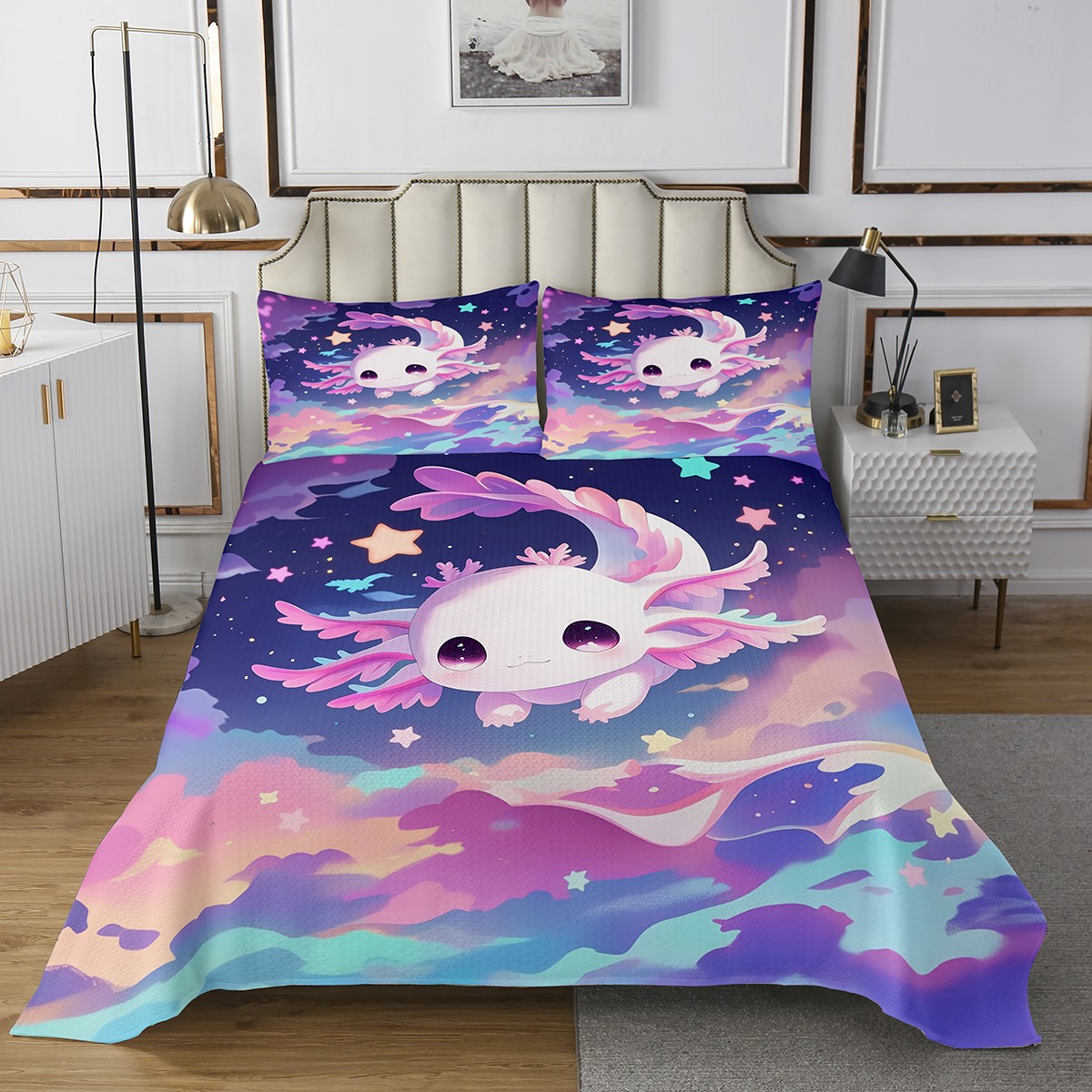 Pink Kawaii Axolotl Coverlet Set Cute Axolotl Queen Quilt Set Cartoon ...