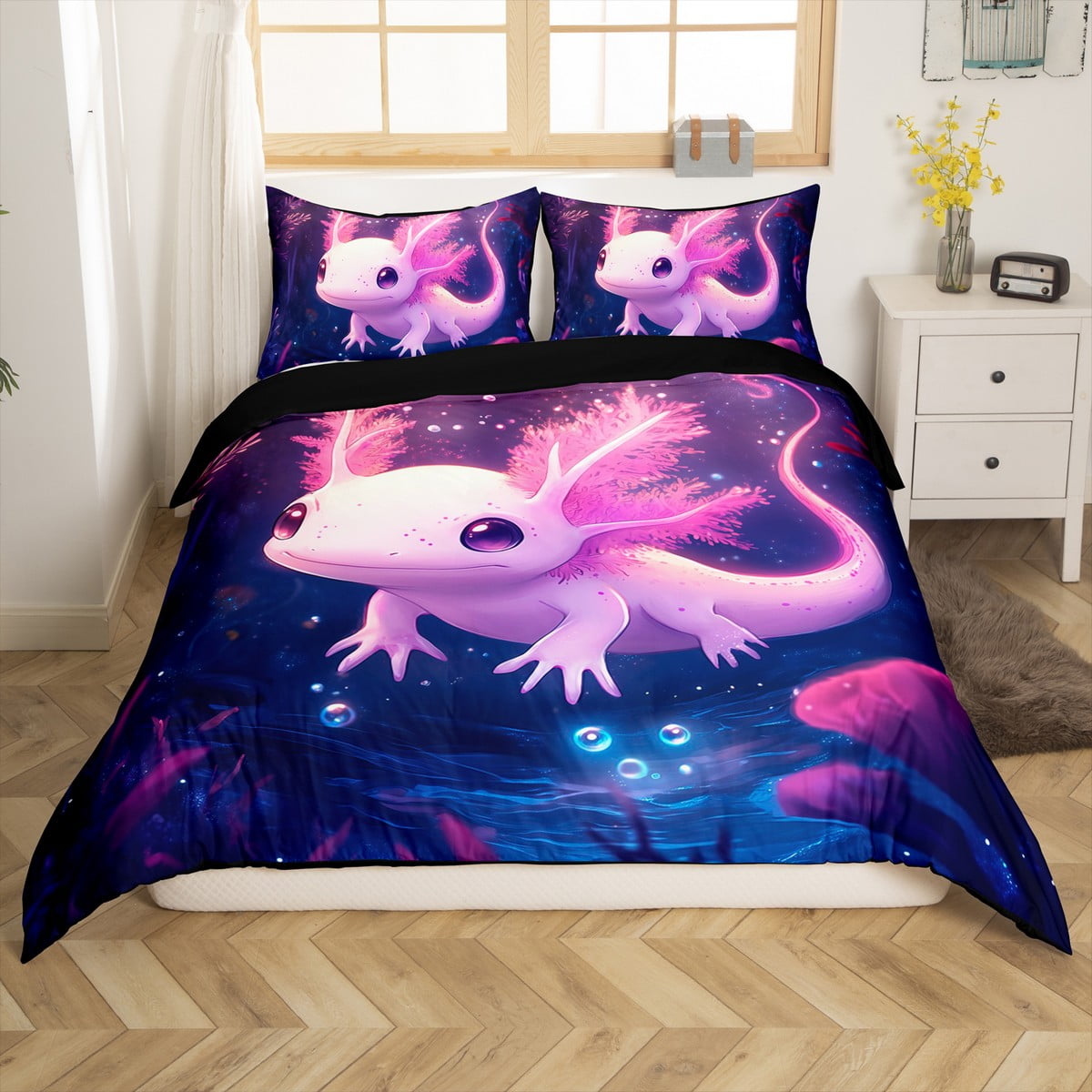 Pink Kawaii Axolotl Queen Size Bedding Set For Kids Girls,Cute Cartoon ...