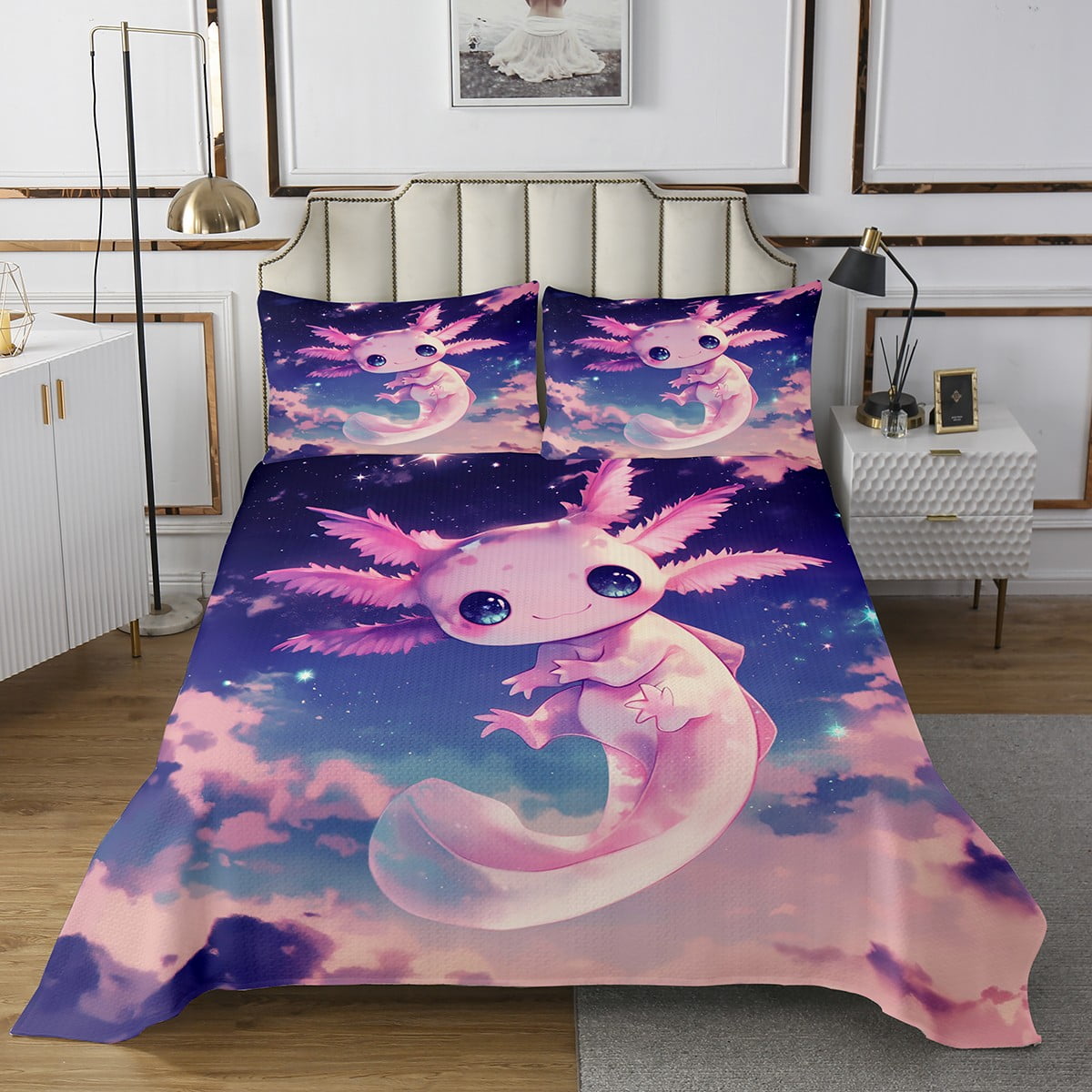 Pink Kawaii Axolotl Queen Size Bedspread Set Cute Cartoon Salamander ...