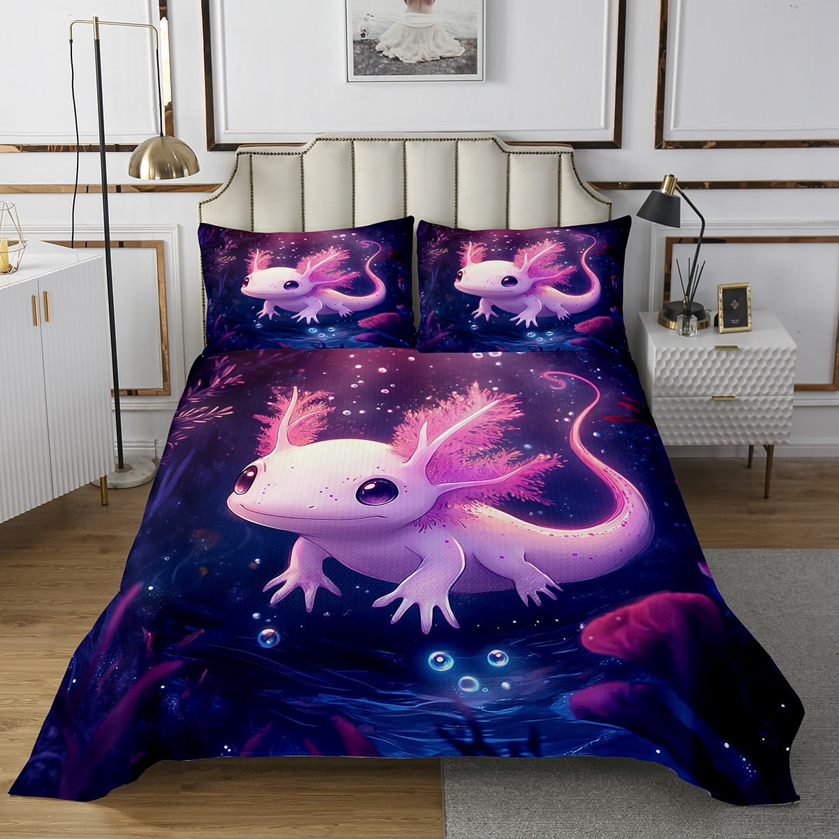 Pink Kawaii Axolotl Queen Size Quilt Set,Cute Cartoon Axolotl Bedspread ...
