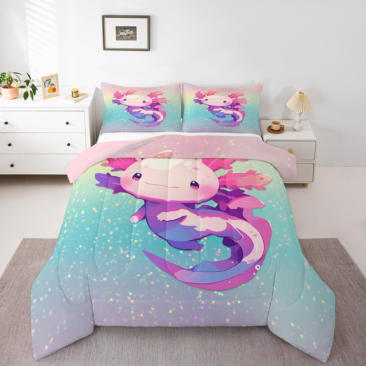 Pink Kawaii Axolotl Twin Down Comforter Cute Salamander Comforter Sets ...