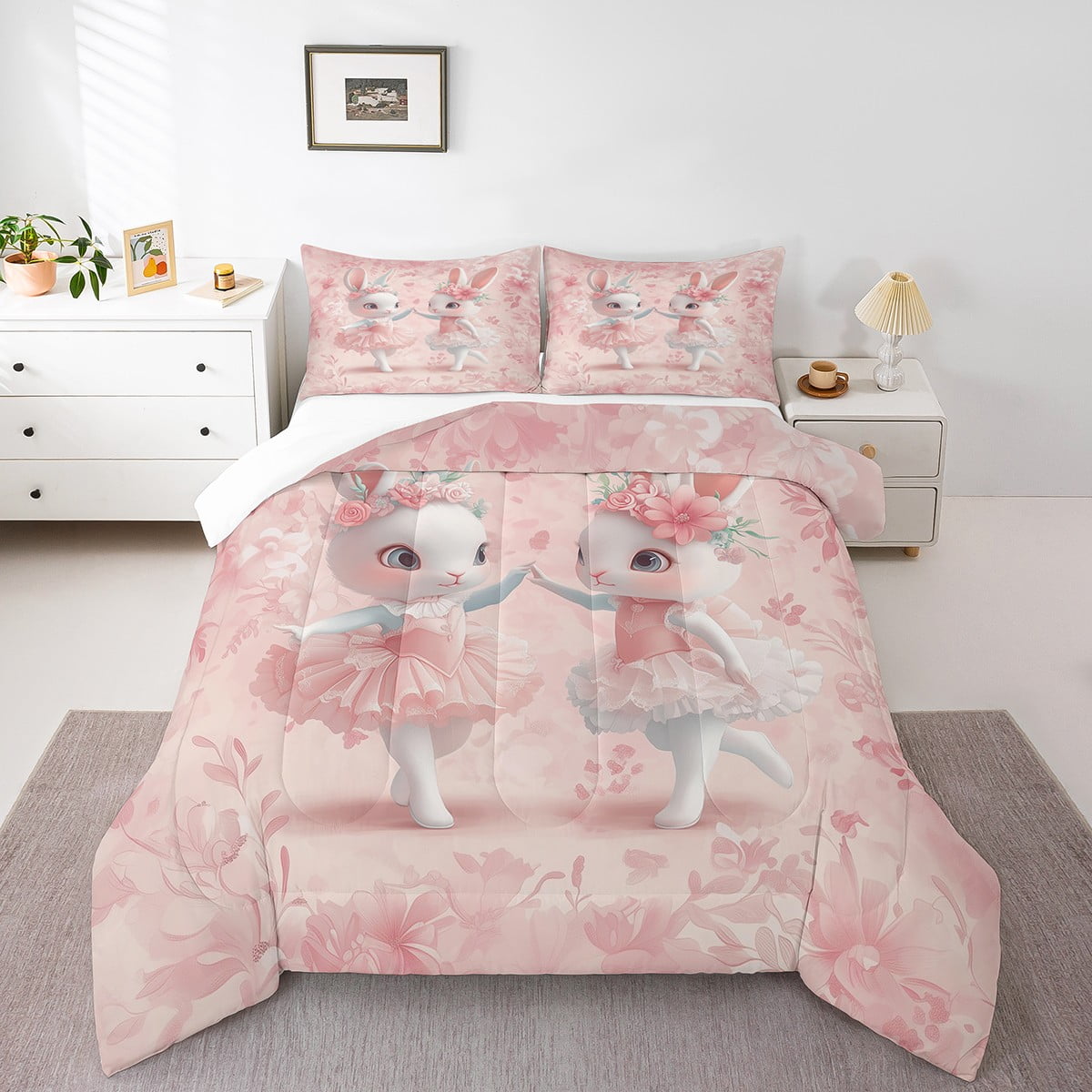 Pink Kawaii Rabbit Comforter Set Cute Ballet Rabbit Full Down Comforter ...