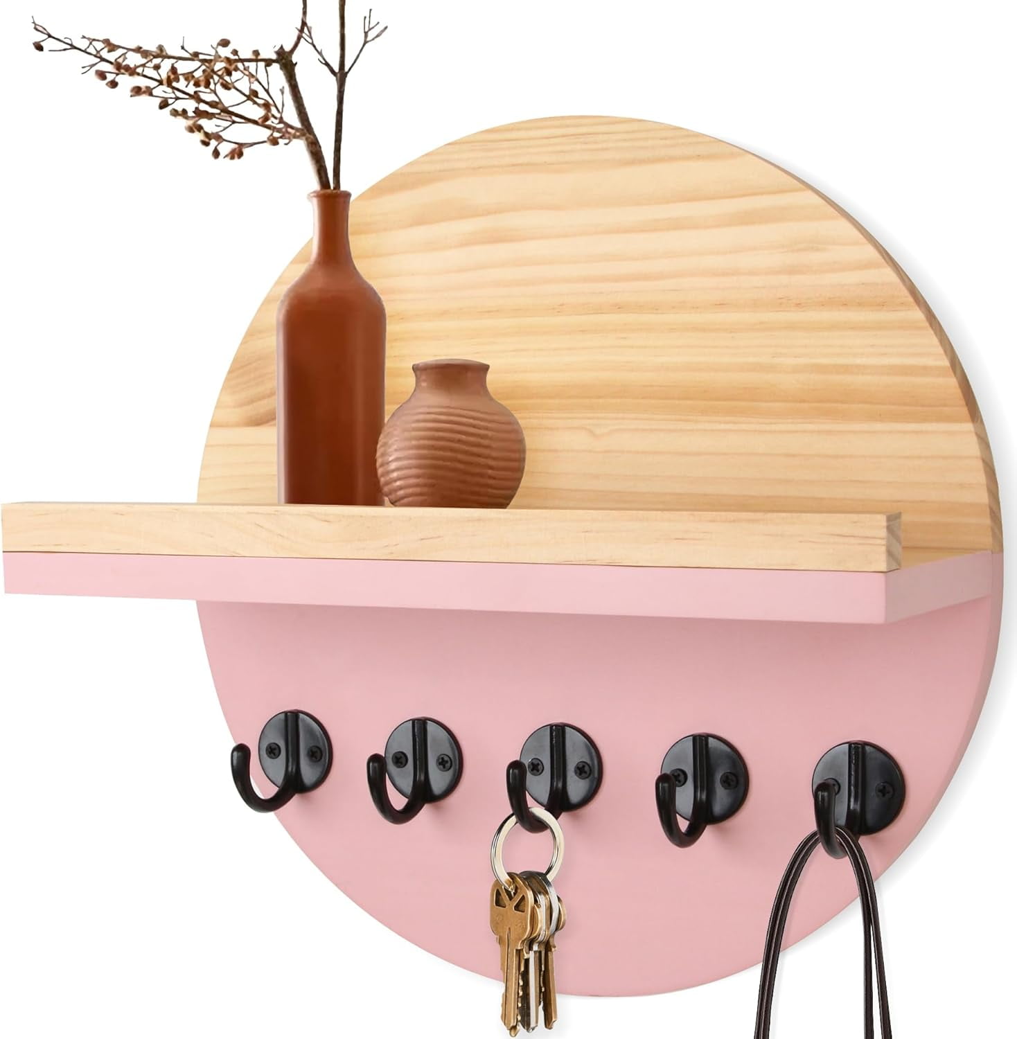 Pink Key Holder for Wall with Shelf - Wood Mail Organizer and Rack with ...