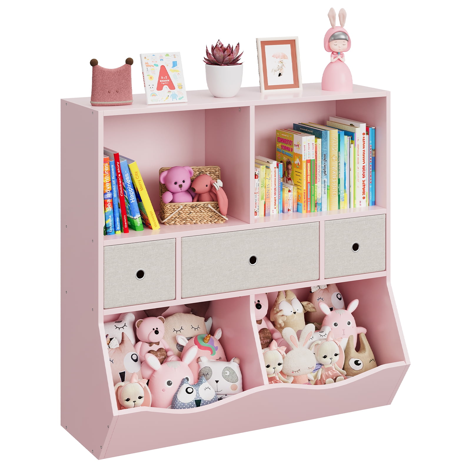 Pink Kids Bookshelf and Bookcase Toy Storage Multi Shelf with Cubby ...