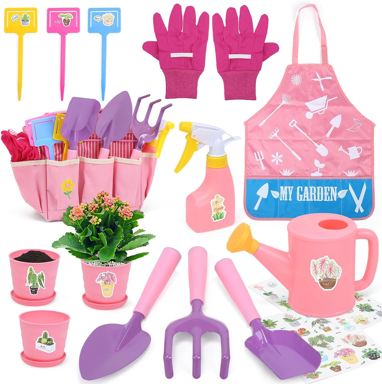 Pink Kids Gardening Tools - Includes Child Safe Shovel Rake Fork Gloves ...