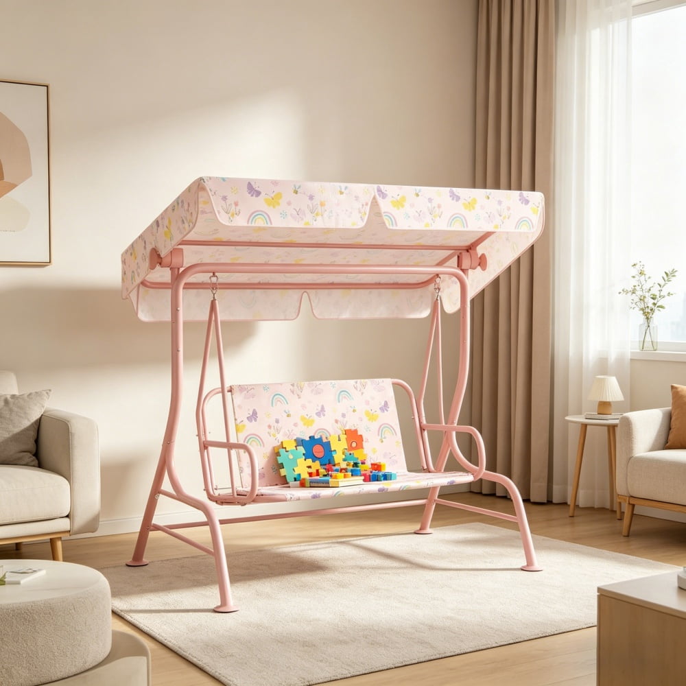 Pink Kids Swing Chair with Adjustable Canopy - Heavy-Duty Steel Frame ...