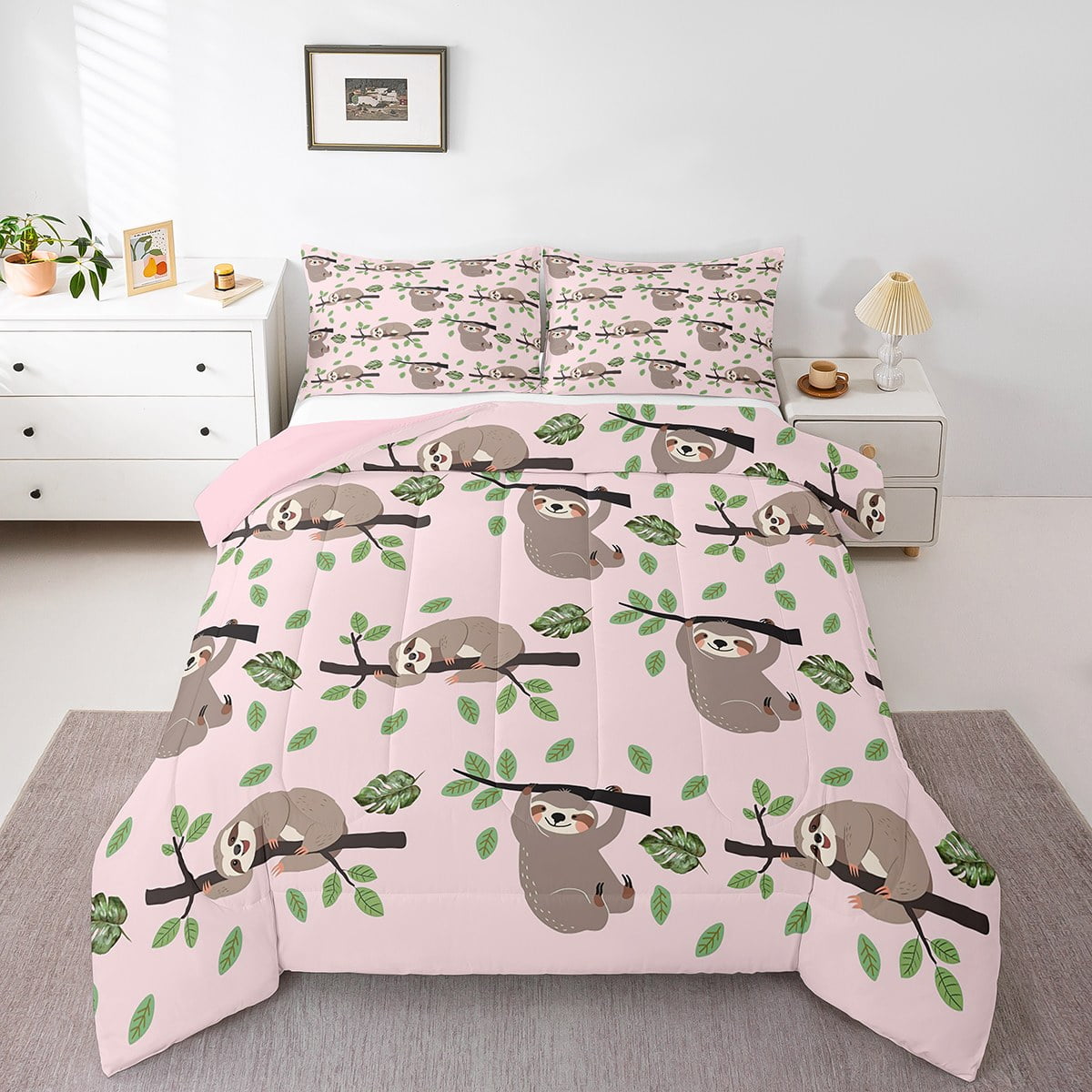 Pink King Comforter Set,Cute Sloth Bedding Set,Cartoon Animal Print ...