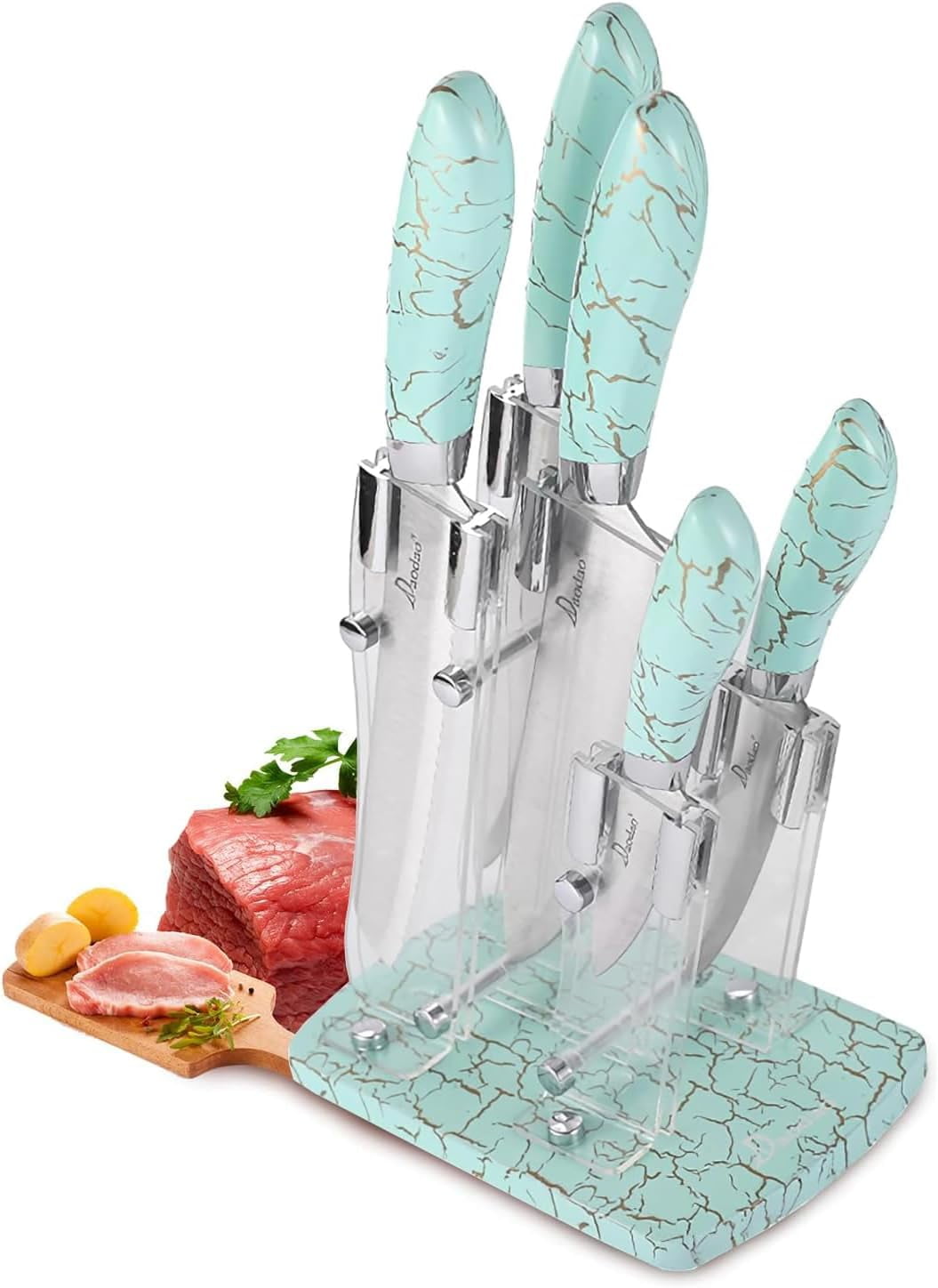 Pink Kitchen Knife Set, 6-Pieces Stainless Steel Marble Cracks Cooking ...
