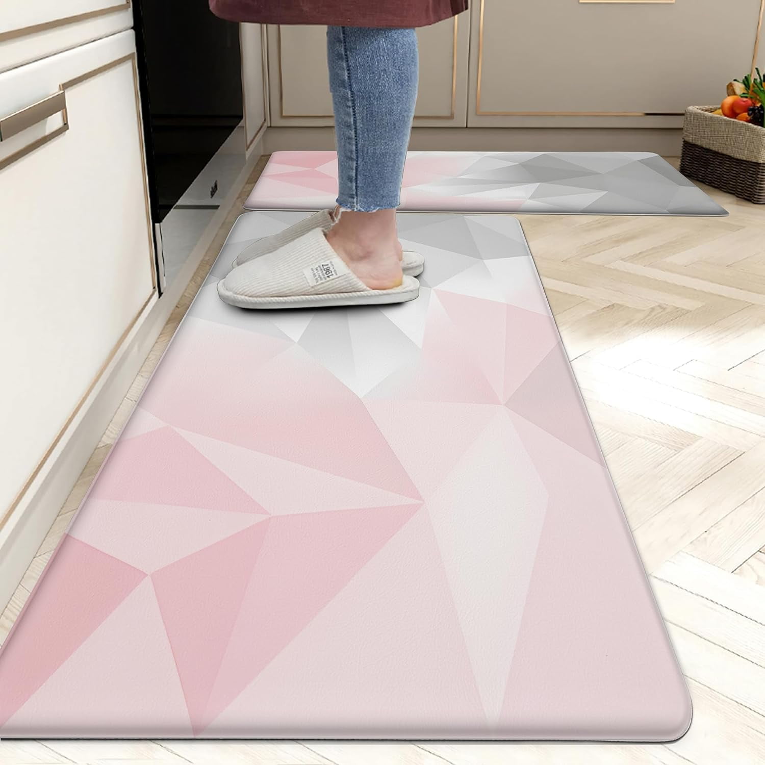Pink Kitchen Rug Set of 2, Anti-Fatigue Pink and Grey Marble Kitchen ...