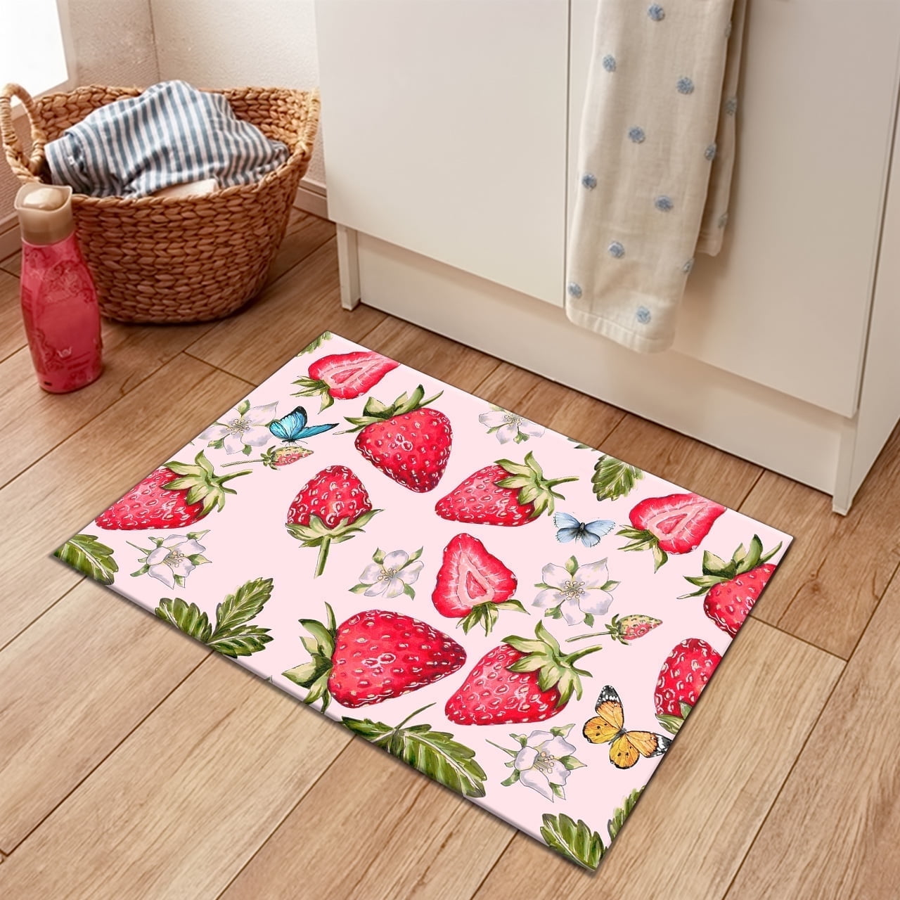 Pink Kitchen Rugs and Mats, Strawberry Butterfly Mats for Floor Non ...