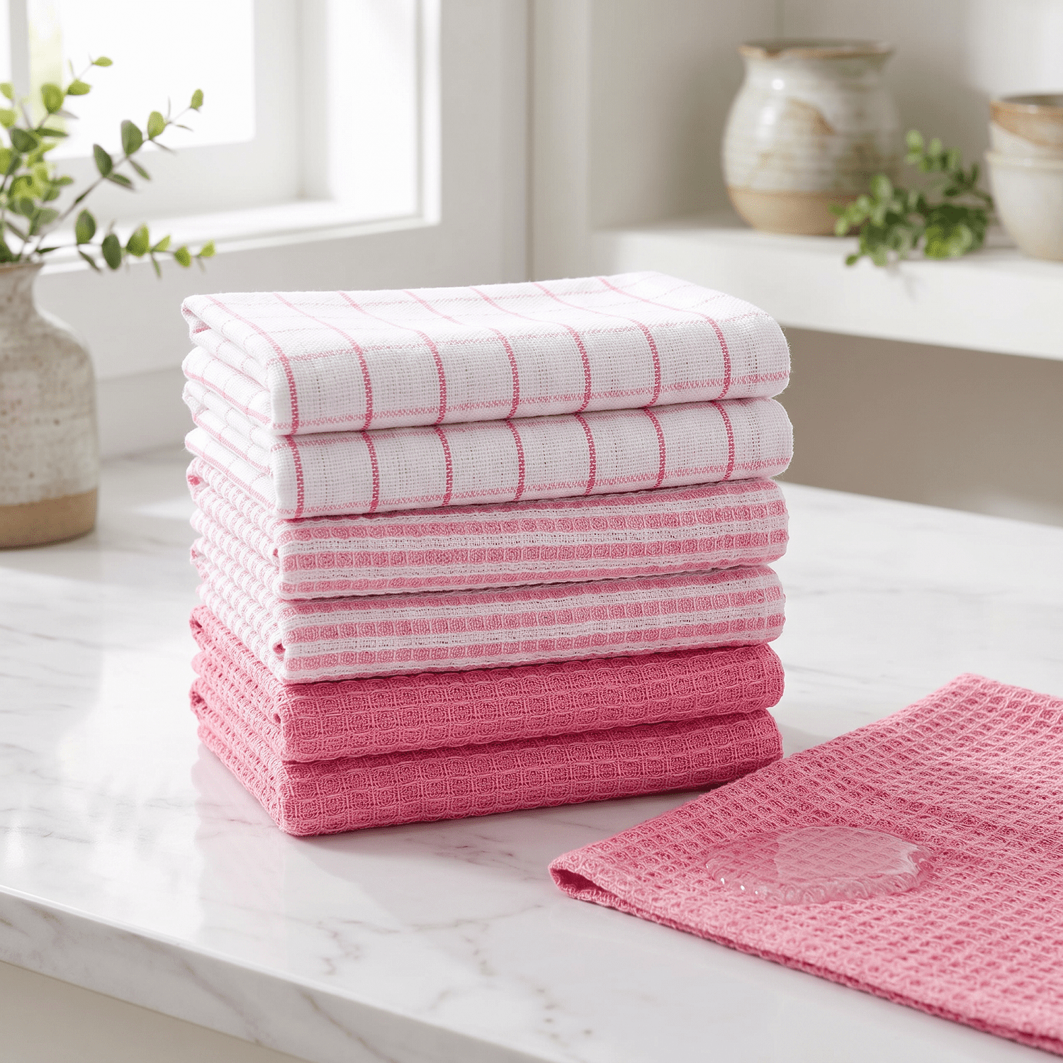 Pink Kitchen Towel Rag Set – 6 Pack Reusable Cotton Dishcloths ...