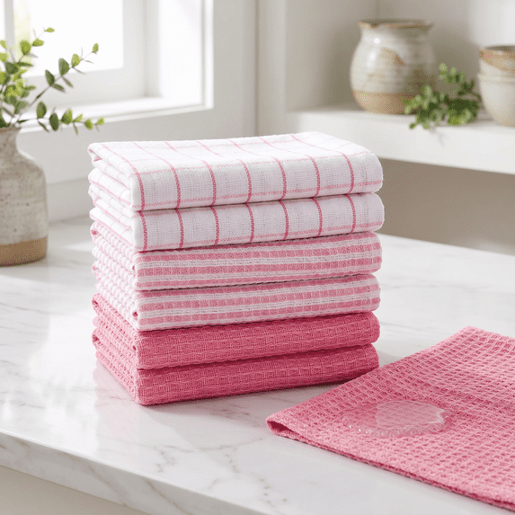 Pink Kitchen Towel Rag Set – 6 Pack Reusable Cotton Dishcloths ...
