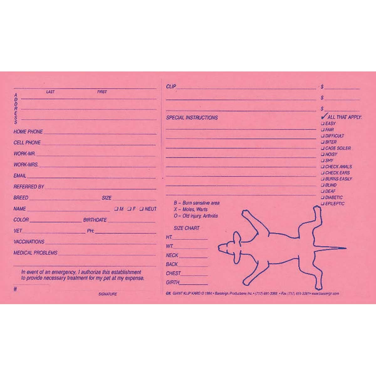 Pink Klip Kards Dog Grooming Kennel Card Diagram Info Checklist 5 x 8 ...