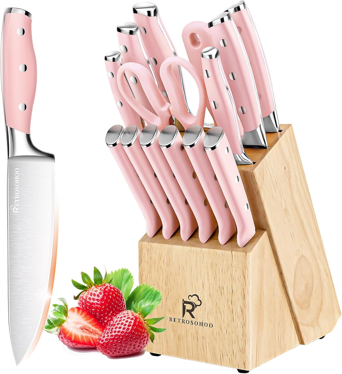 Pink Knife Set,15 Pieces Professional Kitchen Knife Set with Universal ...