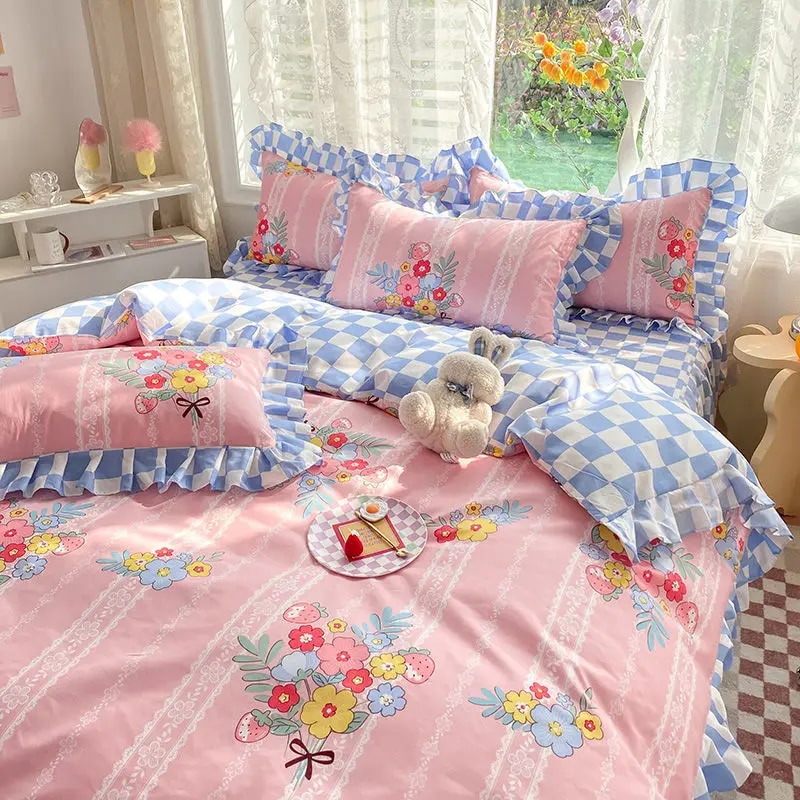 Pink Korean Princess Bedding Set No Filling Cute Strawberry Duvet Cover Checkerboard Single ...