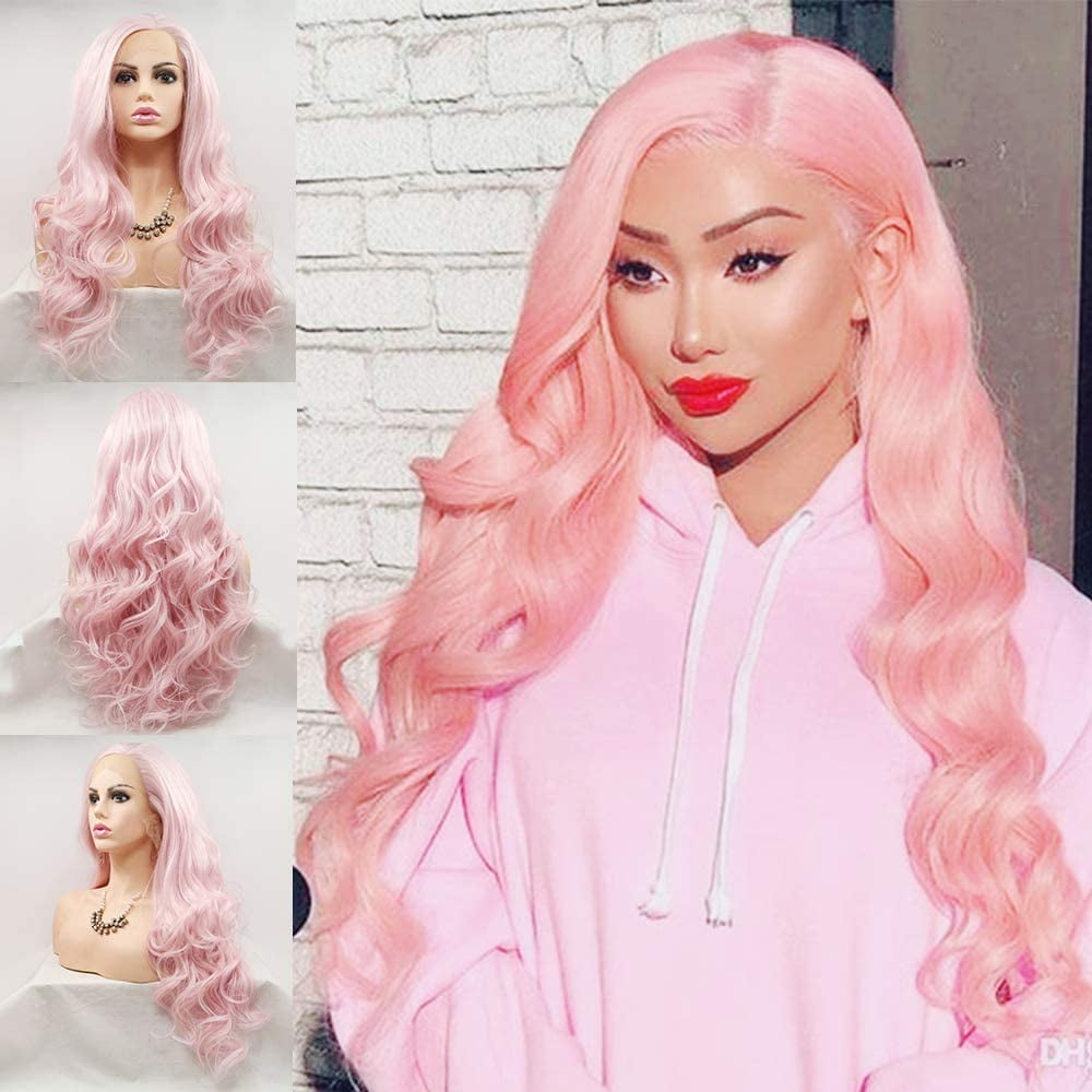 Pink Lace Front Wigs for Women Long Wavy Synthetic Hair Wig Soft Lace ...