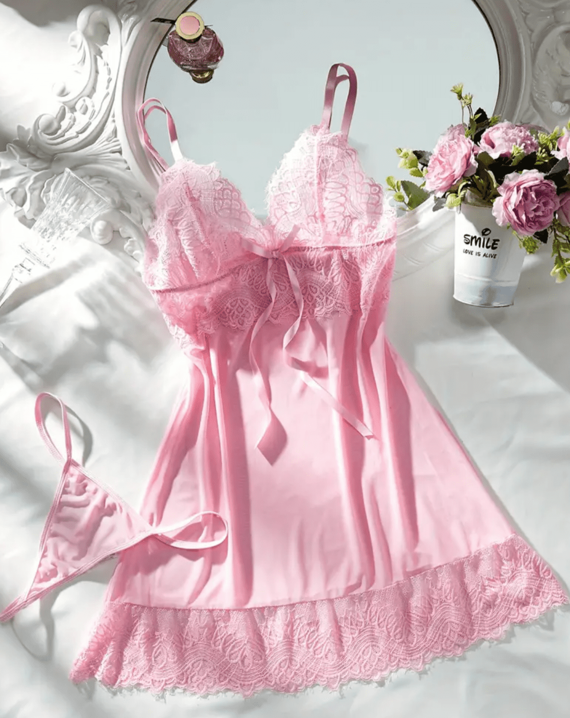 Pink Lace Lingerie Slip Nightdress Set Coquette Style - Walmart.com