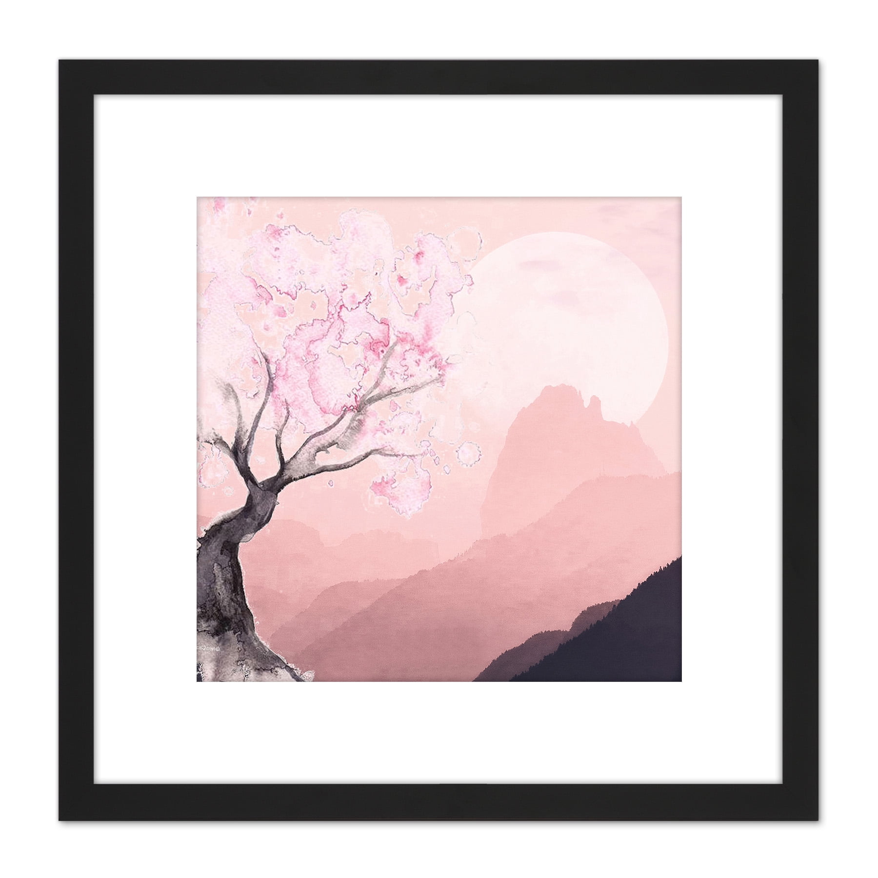 Pink Landscape Tree Mountain Illustration 8X8 Inch Square Wooden Framed ...