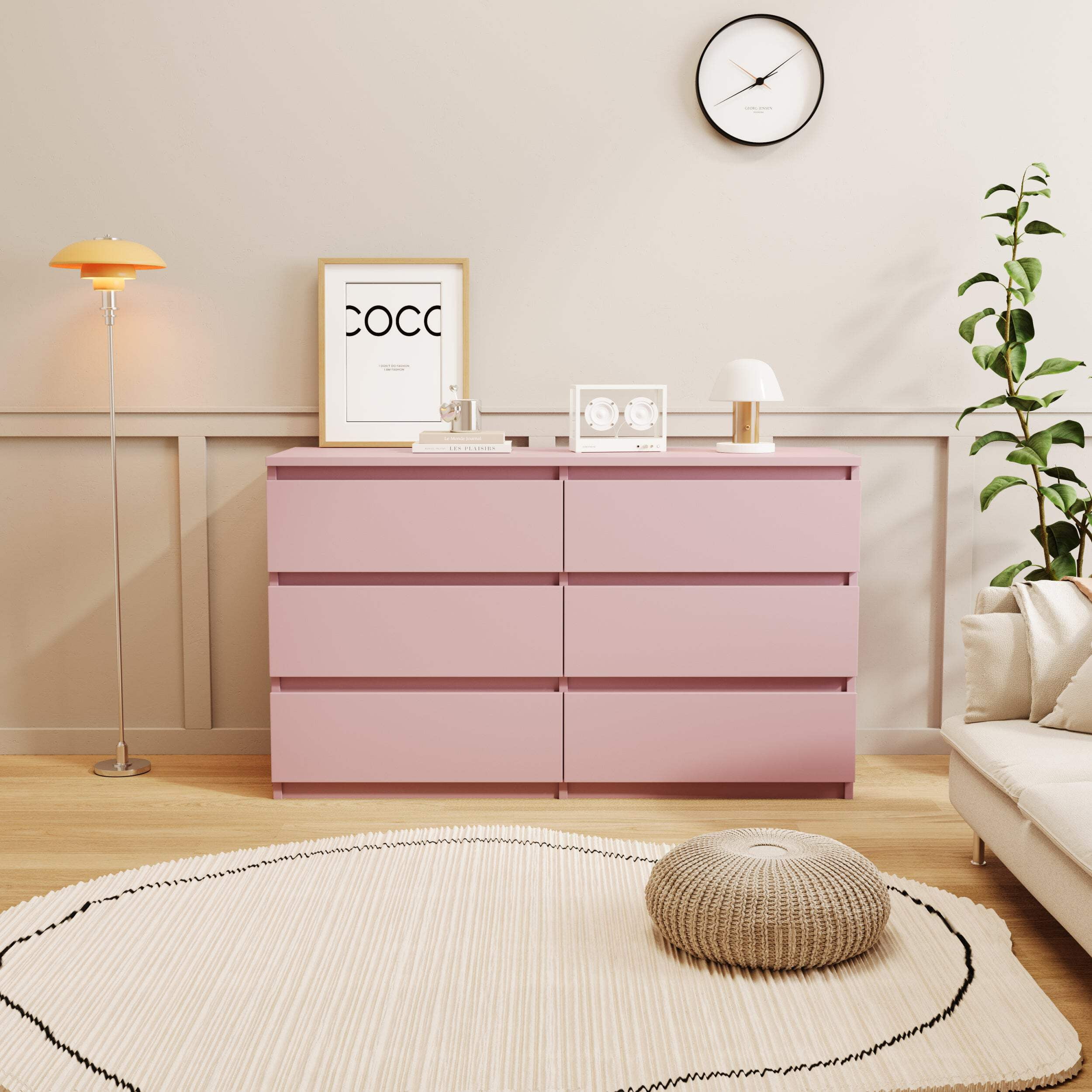 Pink Large 6 Drawers Chest Of Drawer Dressers Table Sliding Pink Drawer ...