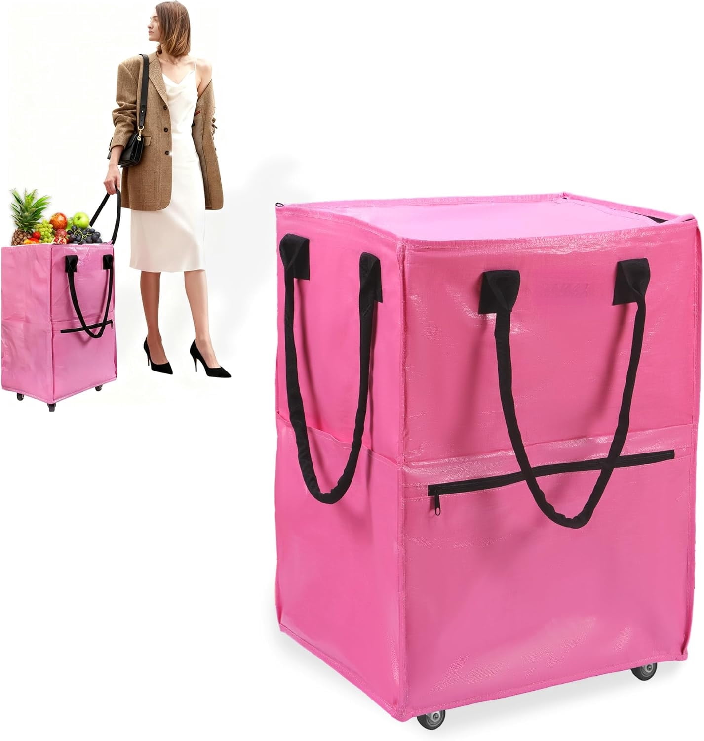 Pink-Large Rolling Grocery Bag, 36-Gallon Tote with 5 Wheels, 110 lbs ...