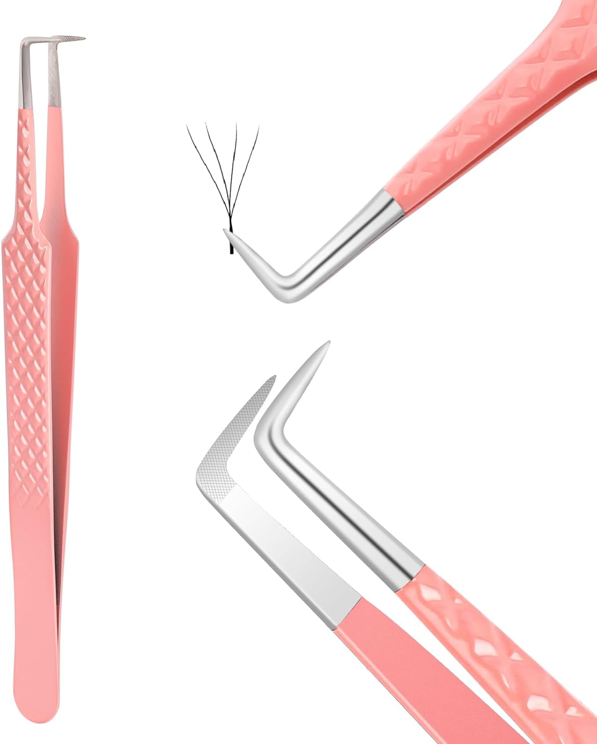 Pink Lash Tweezers for Eyelash Extensions, High Precision Fiber Tip 90 Degree Professional ...