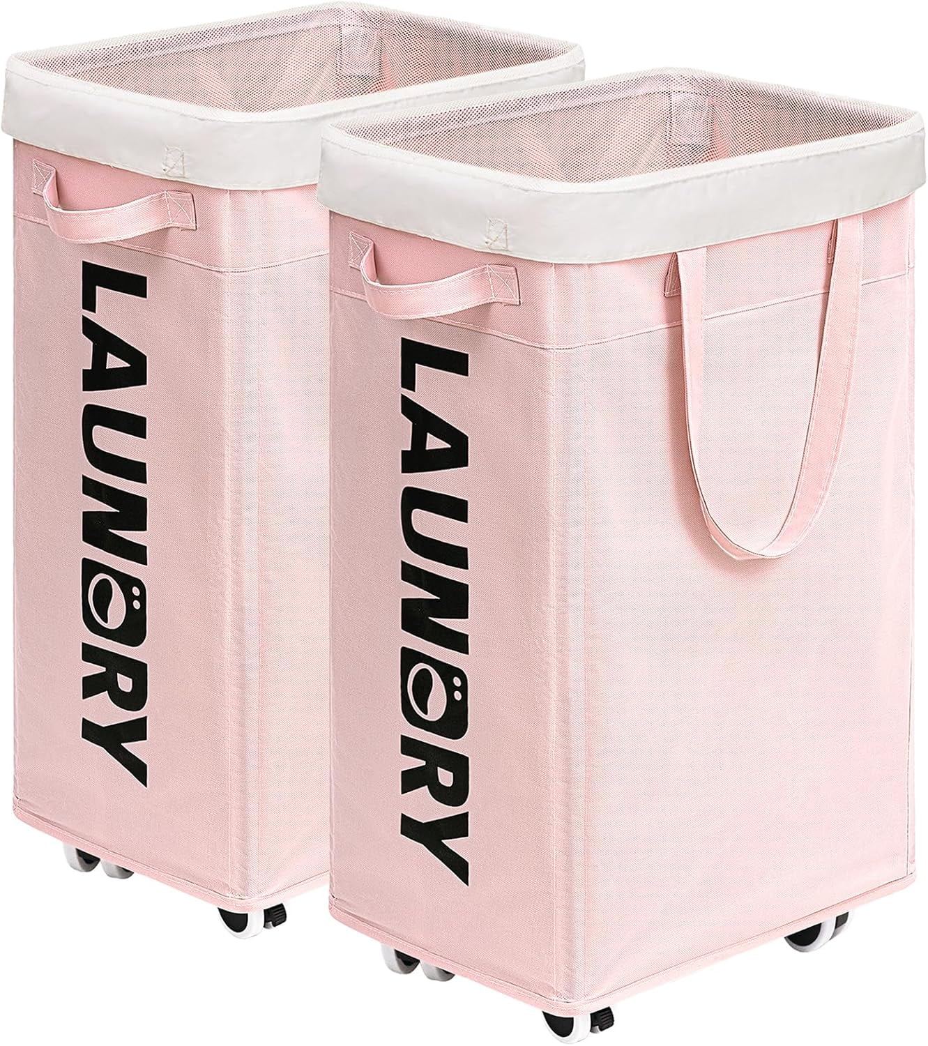 Pink Laundry Baskets with Wheels 2-Pack, 75L Rolling Laundry Basket ...