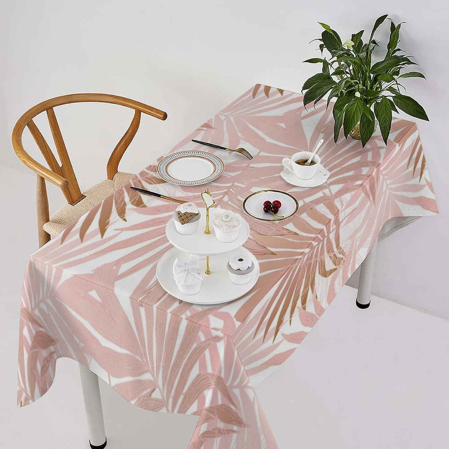 Pink Leaf Tablecloth, Abstract Tropical Summer Plants Boho Mid Century ...