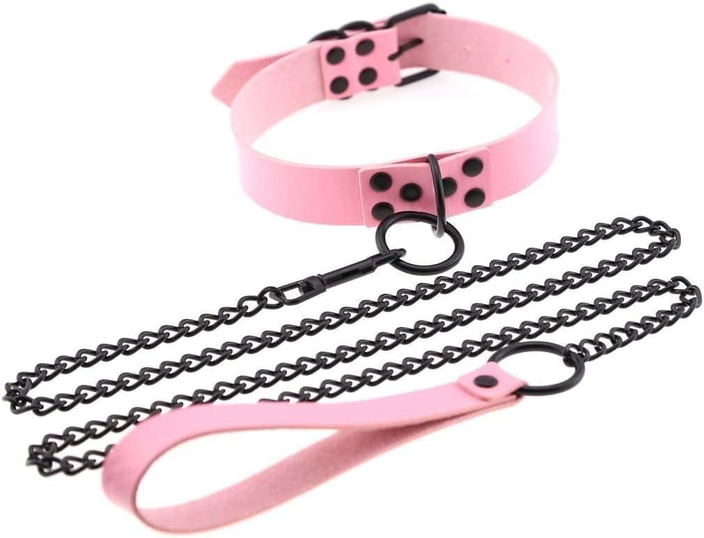 Pink Leather Choker Collar with Leash Adjustable Gothic Metal Chain ...