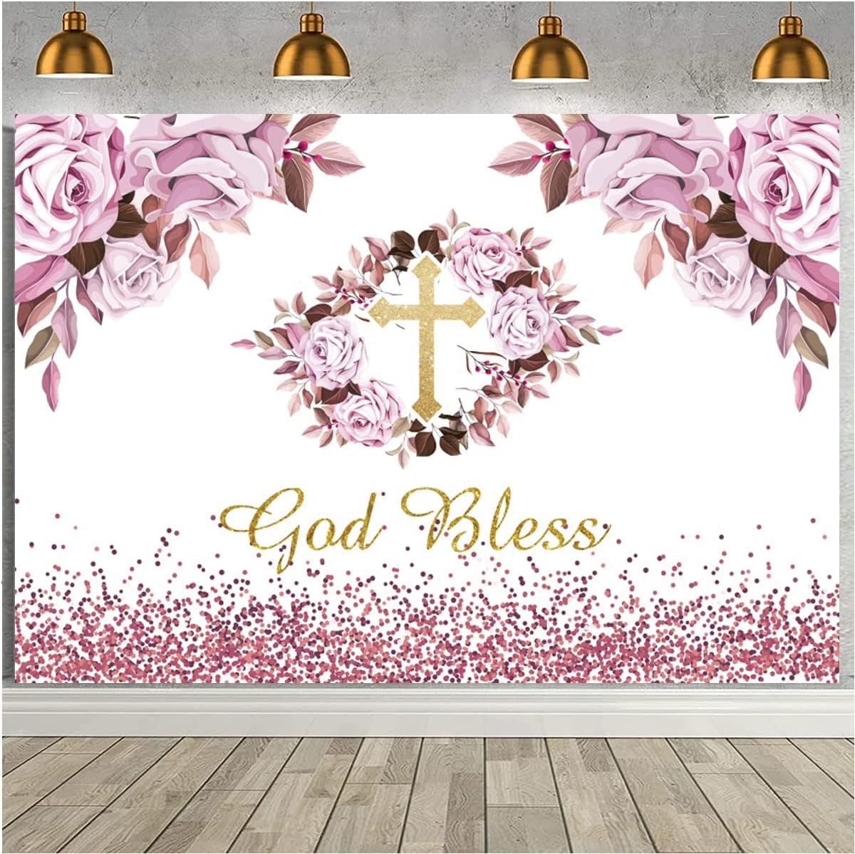 Pink Leaves Flowers God Bless Baptism Backdrop Pink Wreath Crucifix ...