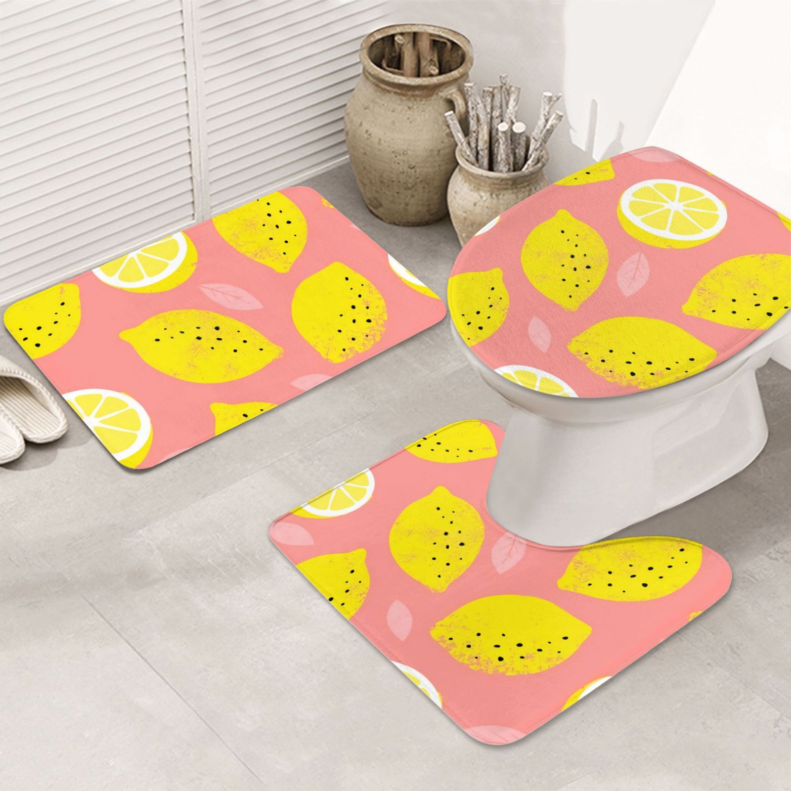 Pink Lemon 3 Piece Bathroom Rugs Set Water Absorbent Soft Bathroom Mat ...