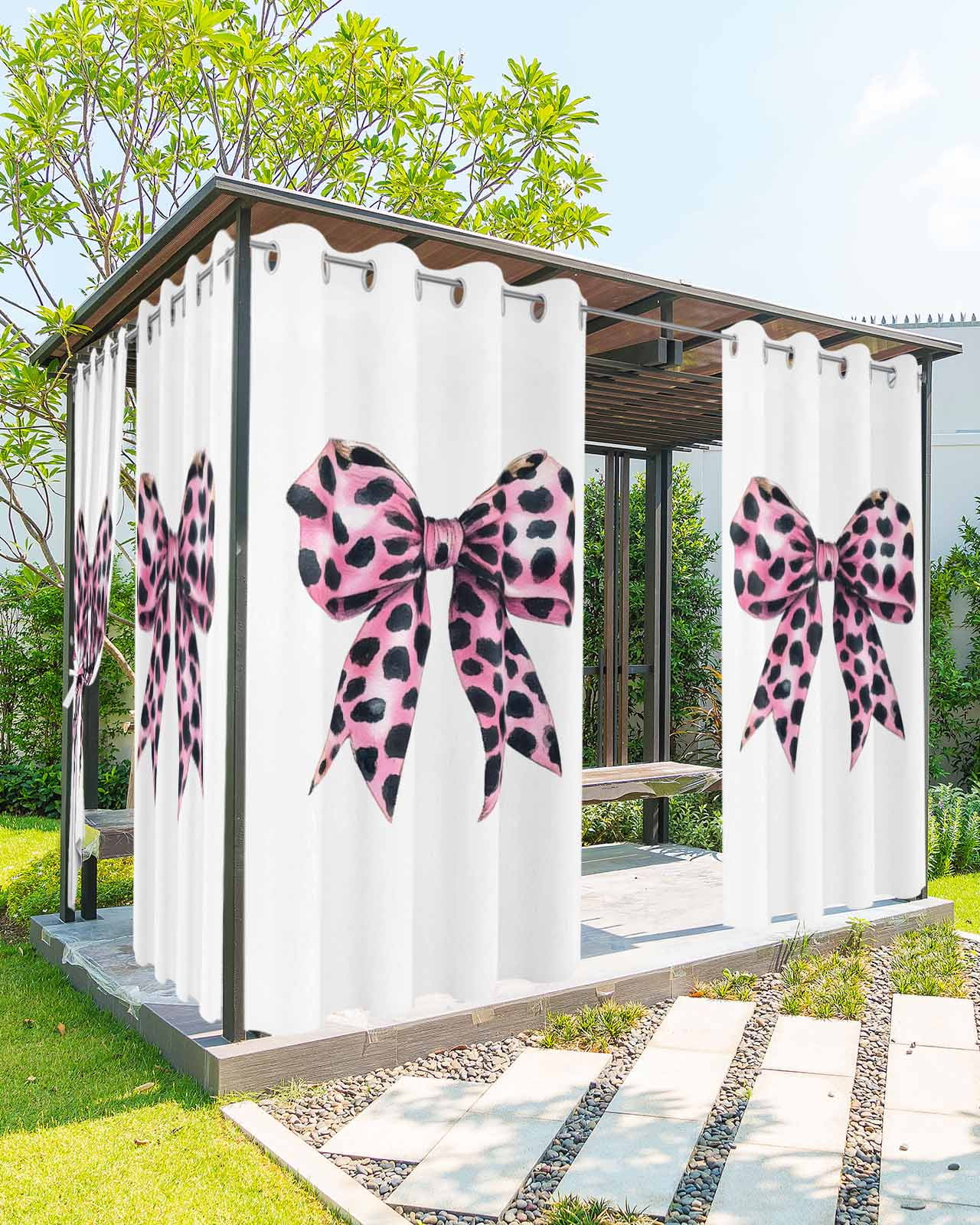 Pink Leopard Print Bow Outdoor Curtains for Patio, Spring Abstract Big ...