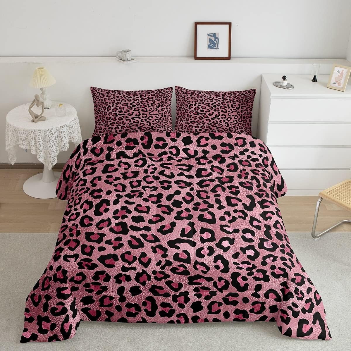 Pink Leopard Print Comforter Set Full Size,Cheetah Bedding Set Teens ...