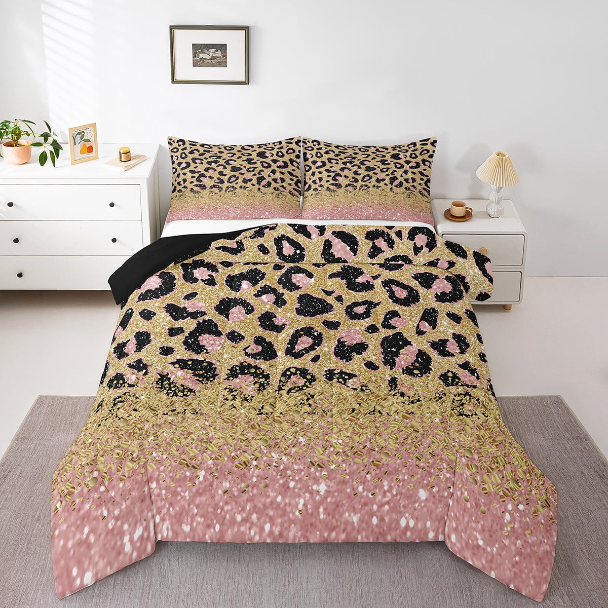 Pink Leopard Print Comforter Set Gold Sequins Print Down Comforter,Wild ...