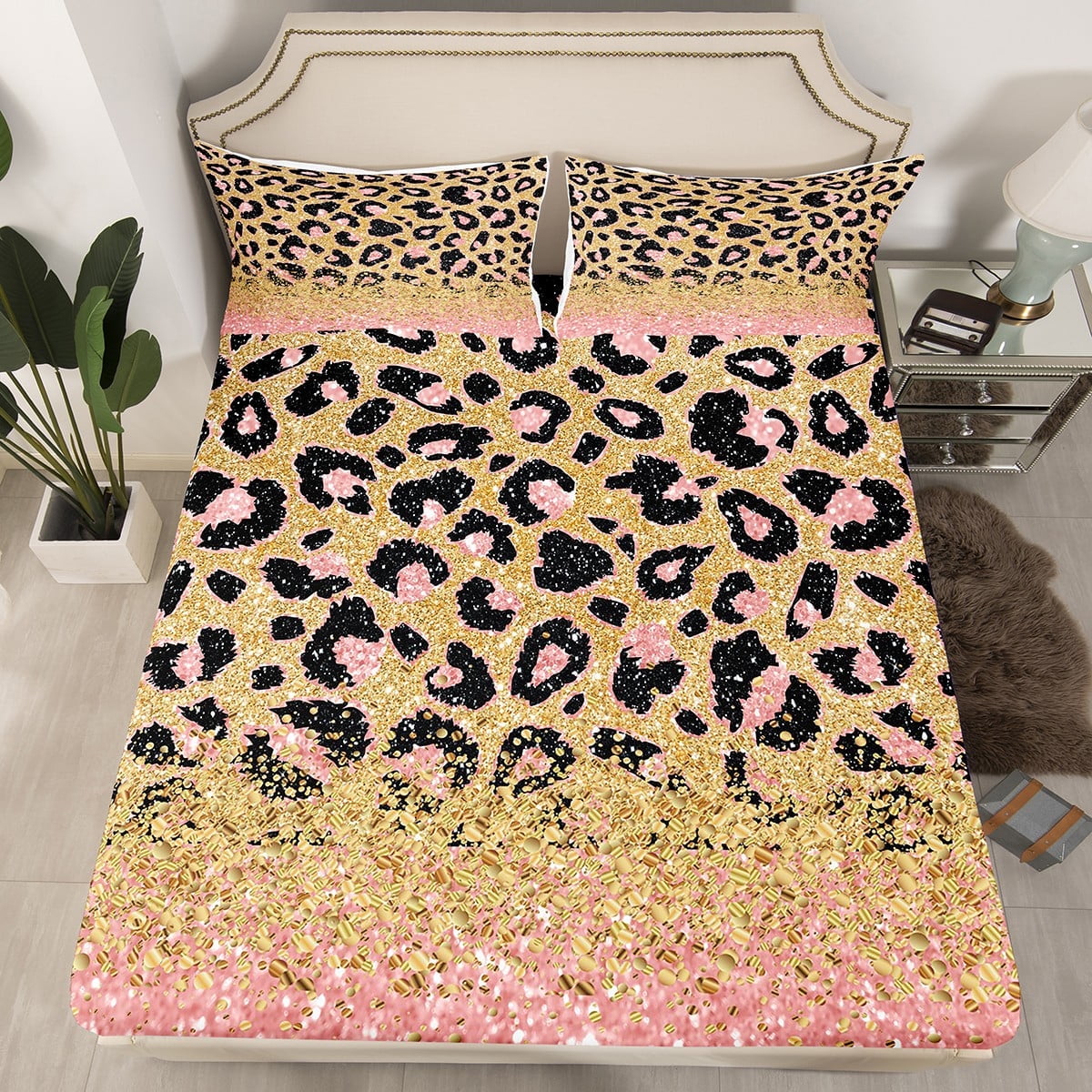 Pink Leopard Print Fitted Sheet Gold Sequins Print Sheets,Wild Animal ...