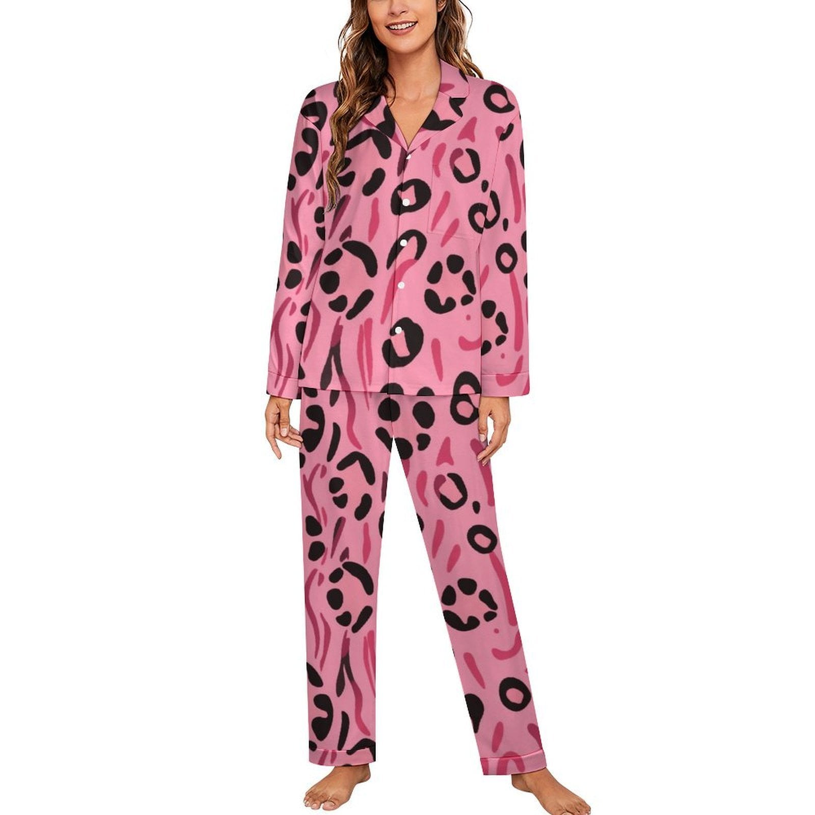 Pink Leopard Print Pajamas Long-Sleeve Two Piece Pajamas Set Women V ...