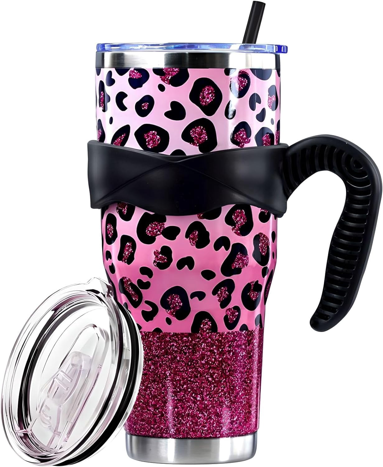 Pink Leopard Print Tumbler with Handle and Silicone Straws - 40 Oz ...
