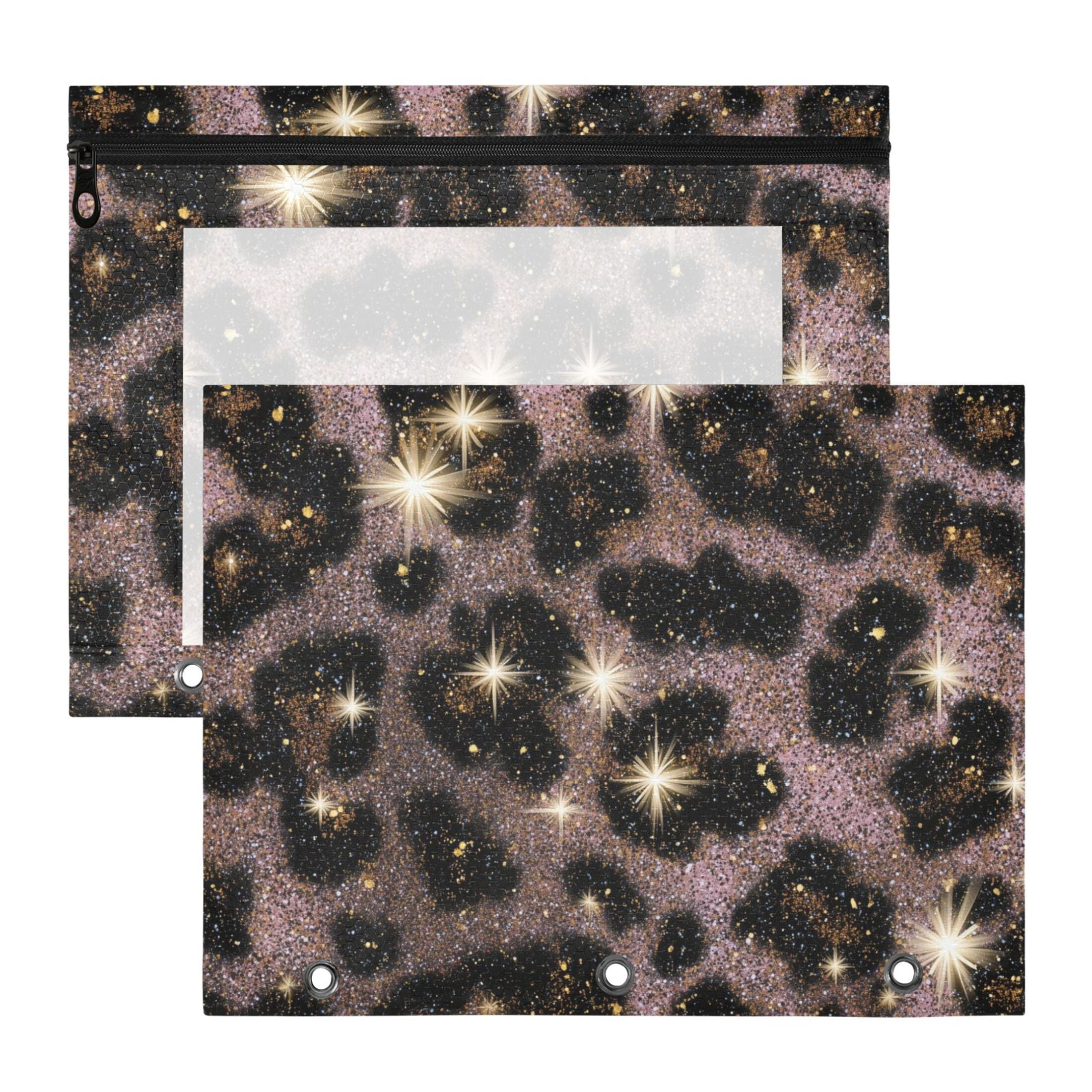 Pink Leopard Print with Glitter 3-Ring Binder Pocket with Zipper Pencil ...