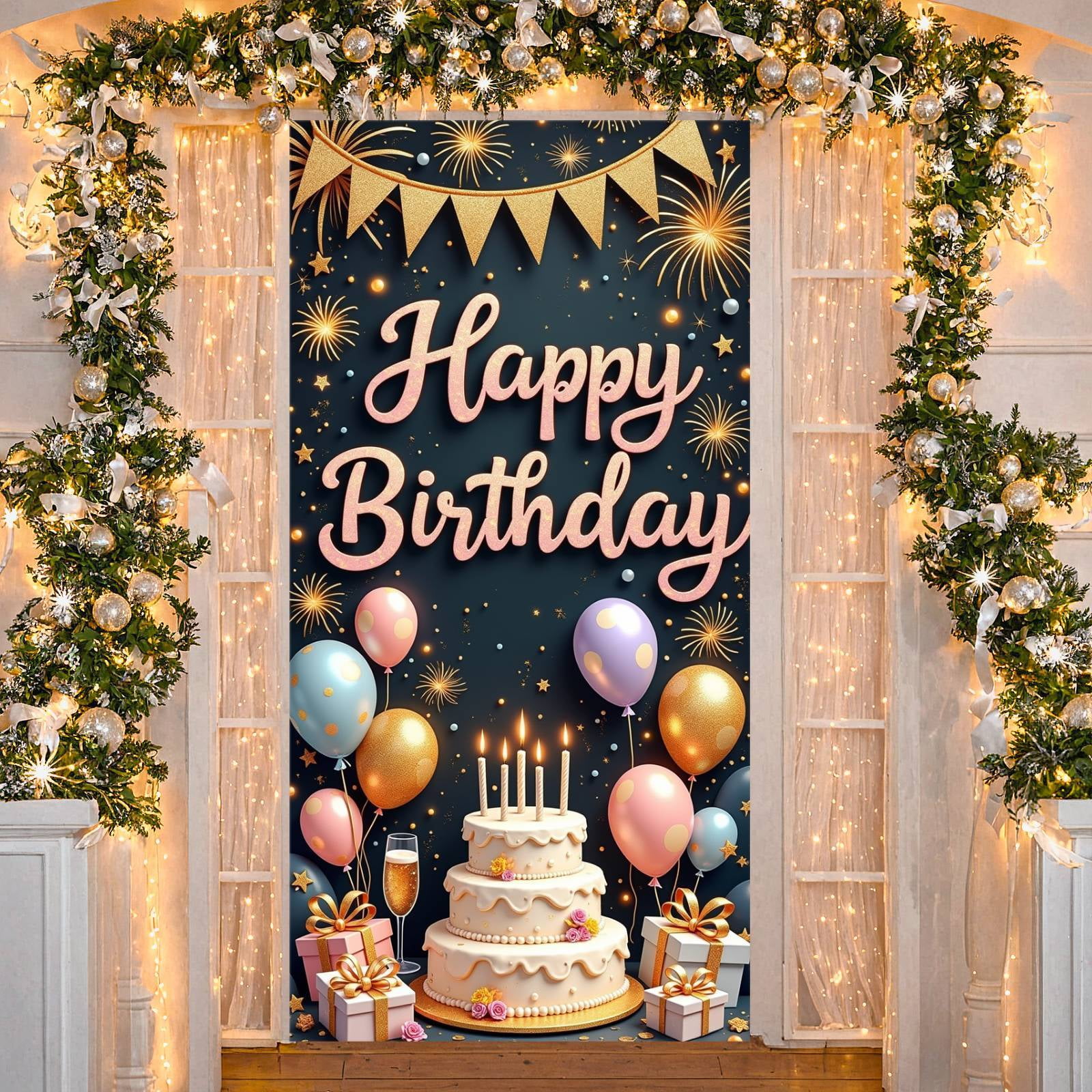 Pink Lettering Banner Gold Fireworks Birthday Display Colorful Balloons ...
