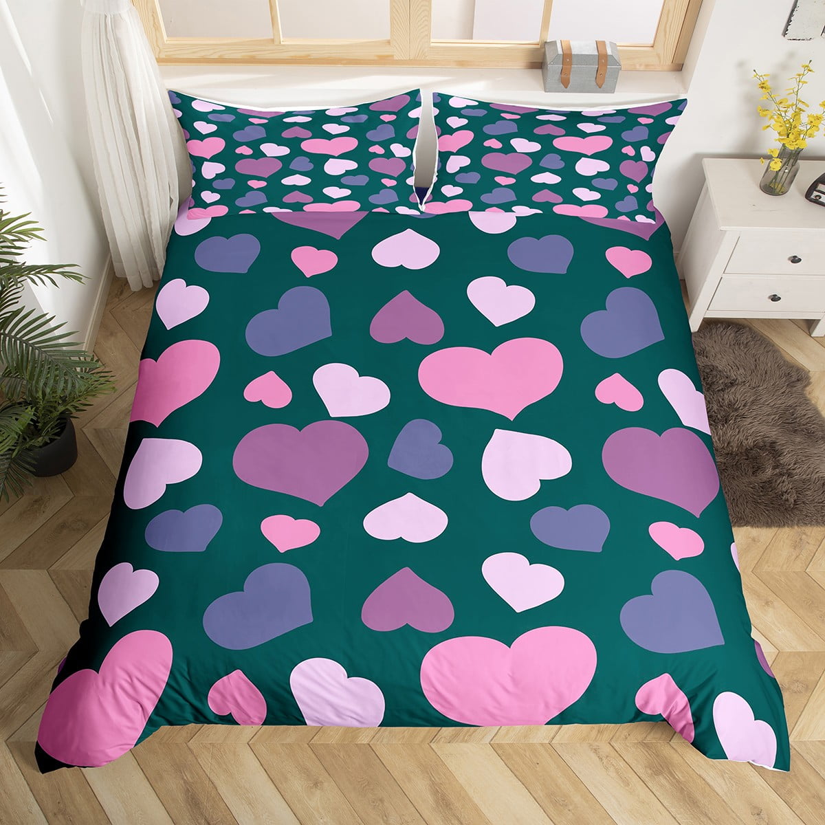 Pink and Light Purple Comforter Cover Cute Heart Pattern Bed Set Twin ...