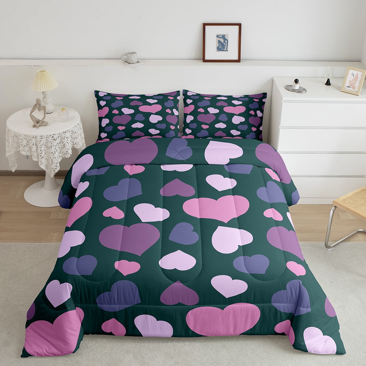 Pink and Light Purple Comforter Set Cute Heart Pattern Bed Set King ...