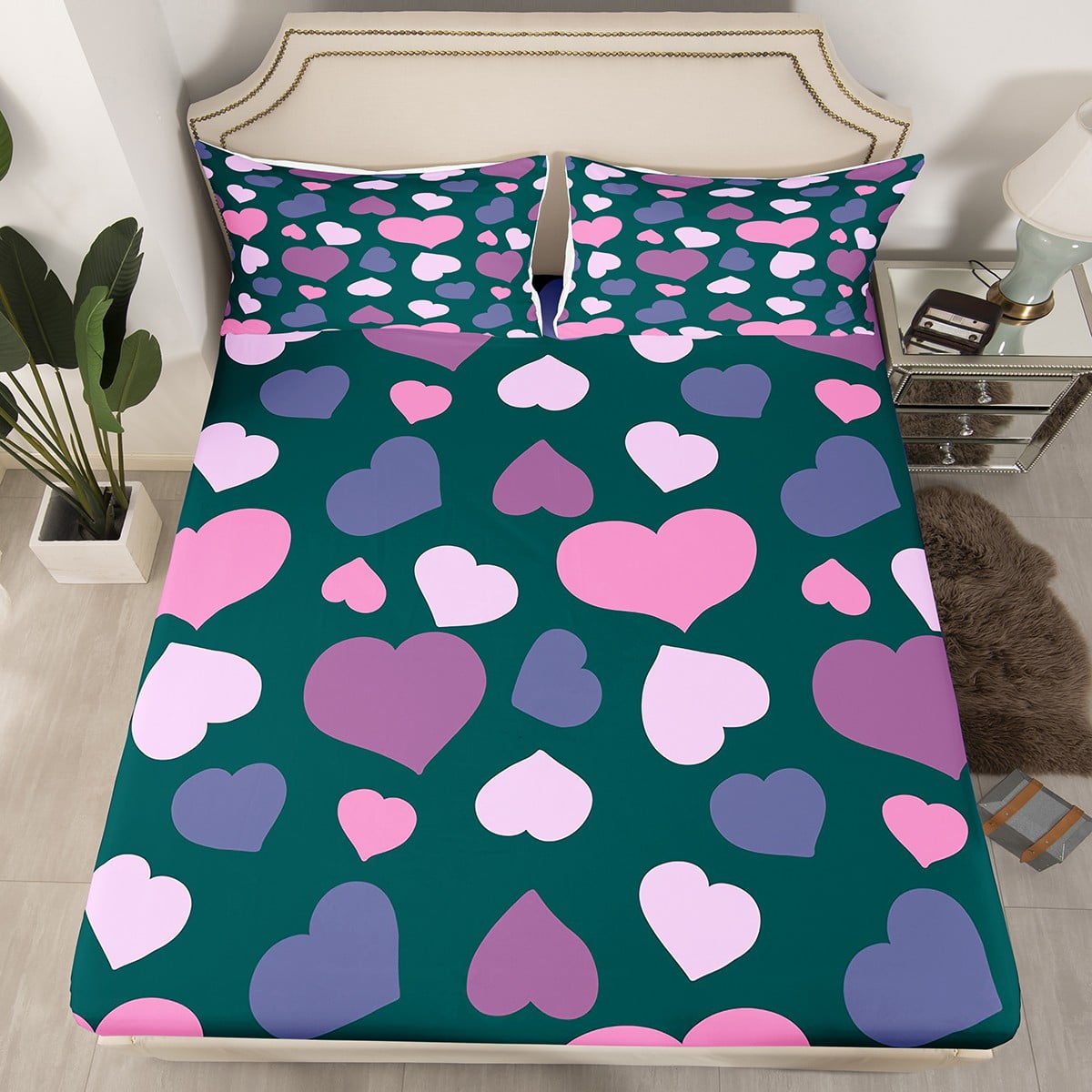 Pink and Light Purple Fitted Sheet Cute Heart Pattern Bed Set Full Size ...