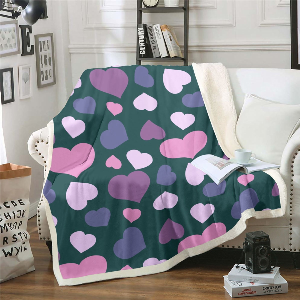 Pink and Light Purple Fleece Blanket Cute Heart Pattern Fuzzy Blanket ...