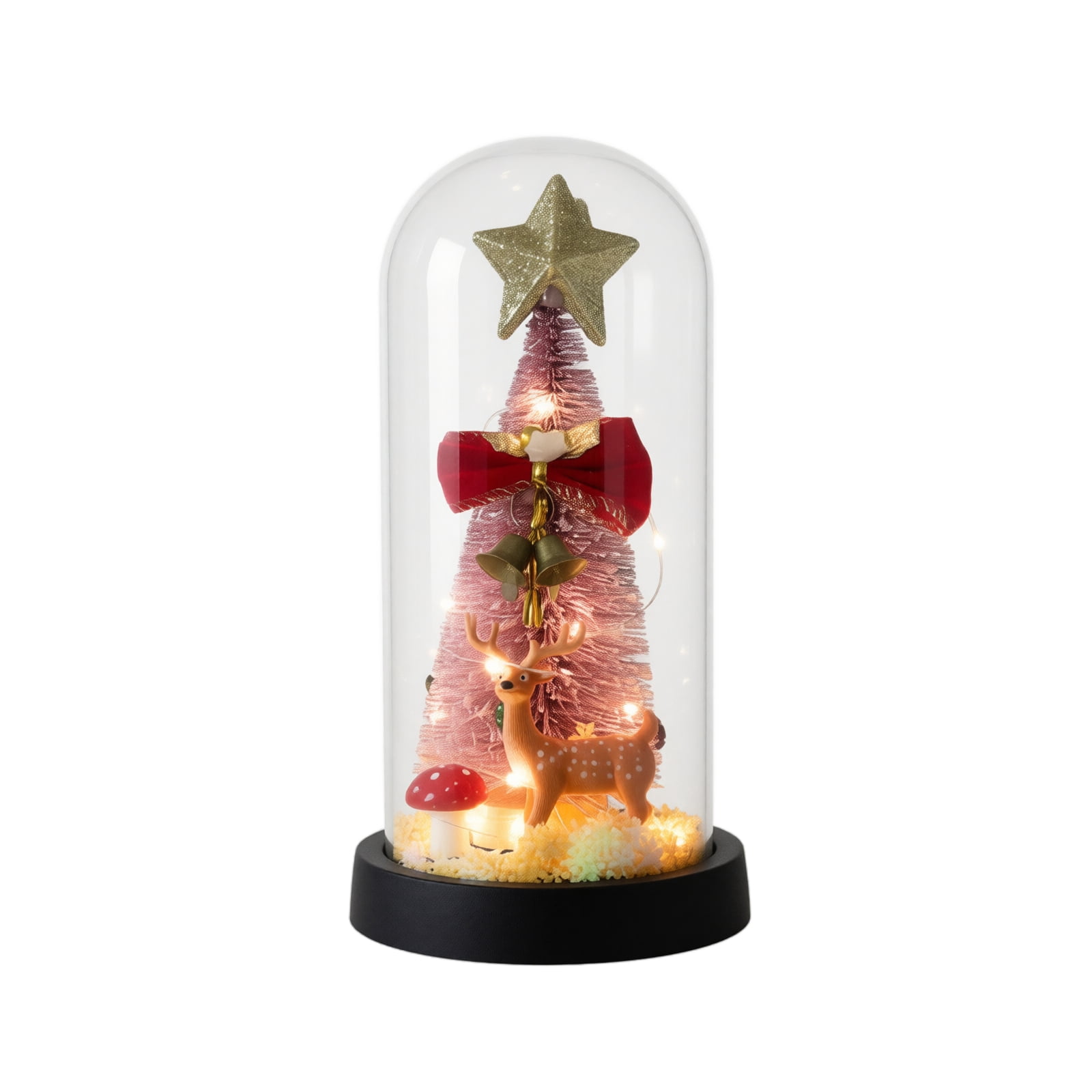 Pink Lighted Christmas Tree Dome Ornament with Reindeer and Gold Star ...