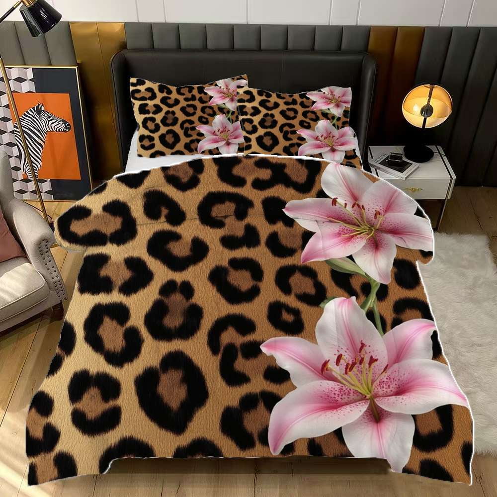 Pink Lilies Leopard Print Background Comforter Set Full Size Bedding ...