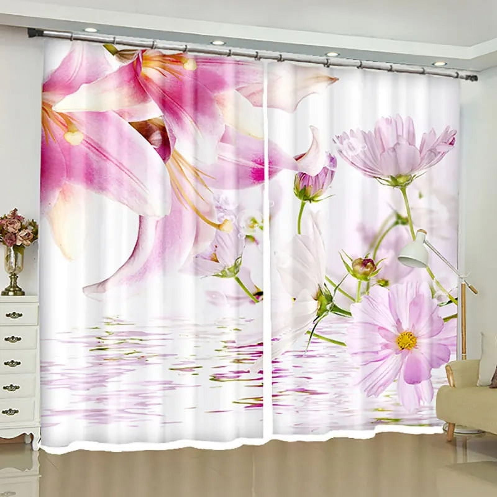 Pink Lily Flower Print Curtains for Bedroom Living Room Balcony Floor ...