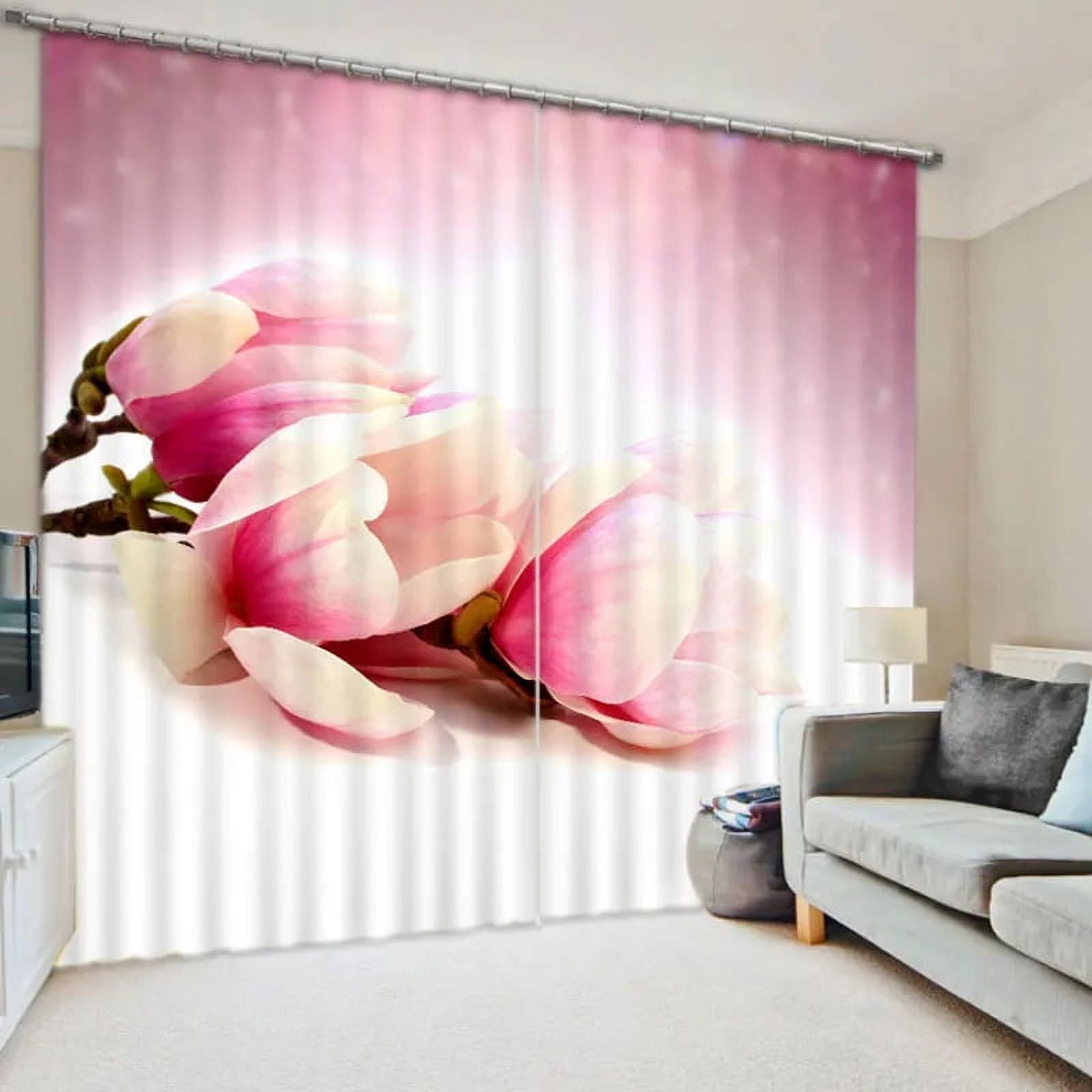 Pink Lily White Swan Print Curtain Bedroom Living Room Balcony Floor-to ...