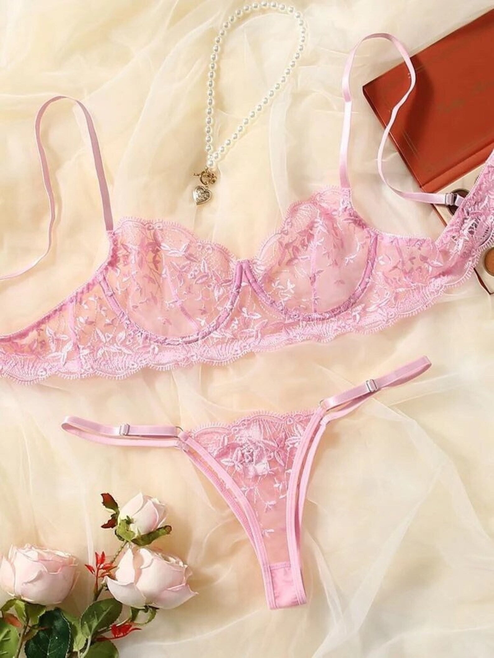 Pink Lingerie Set Embroidered - Walmart.com