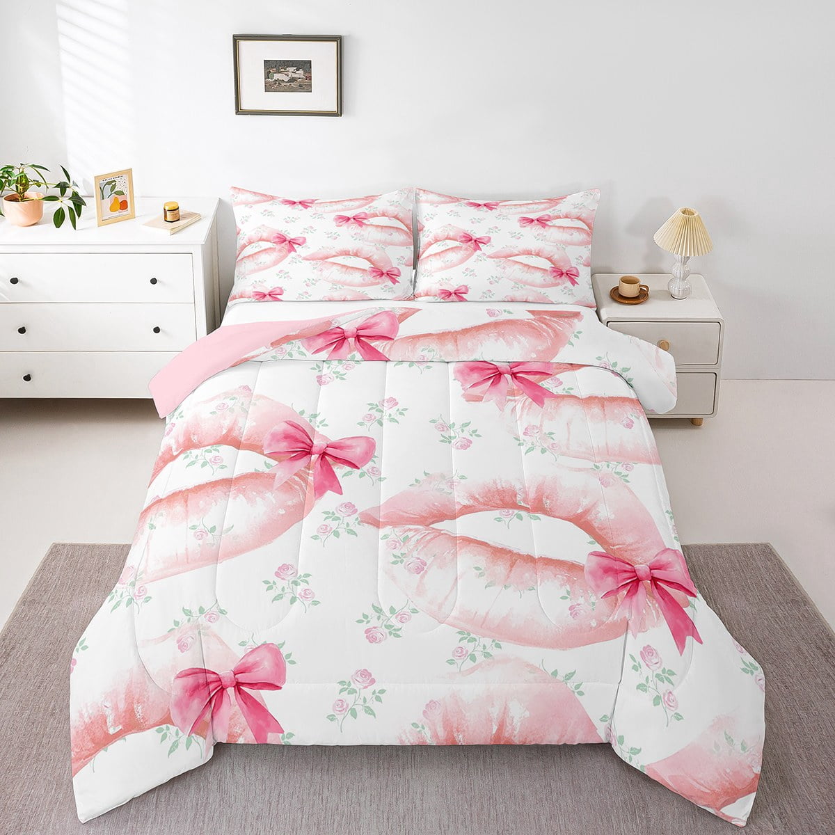 Pink Lip Comforter Set Queen Size Romantic Girly Bowknot Bedding Set ...