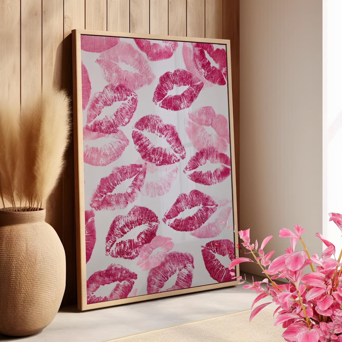 Pink Lips Kiss Wall Art, Trendy Preppy Girly Dorm Decor, Unframed ...